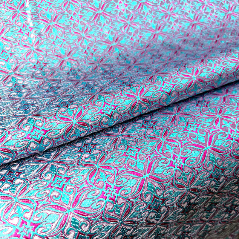 Teal Geometric Brocade - Metallic Damask Check Jacquard Fabric – Ovoin